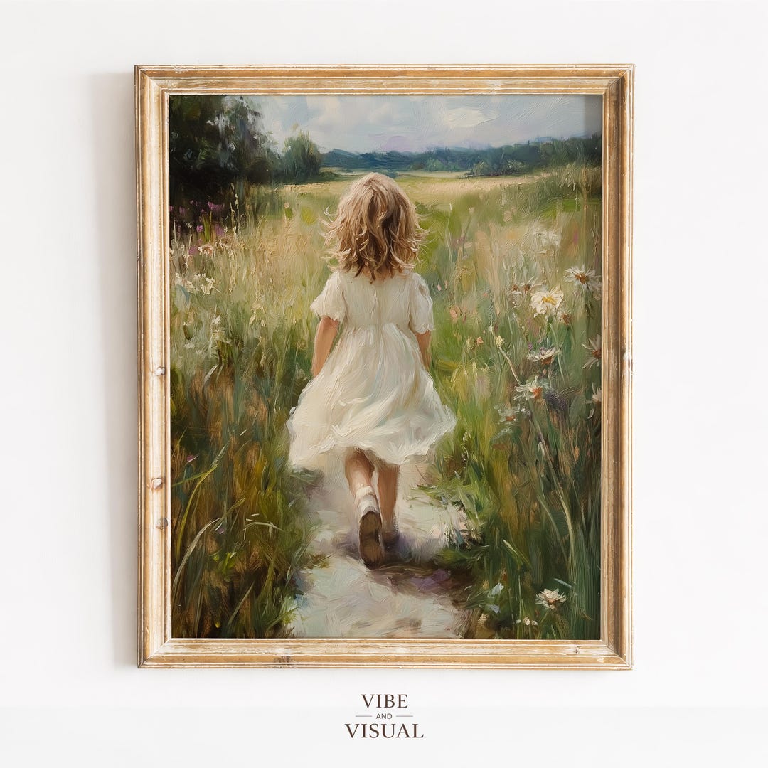 Cottagecore Girl on Meadow Path Art – Vintage Style Painting – Pastoral ...