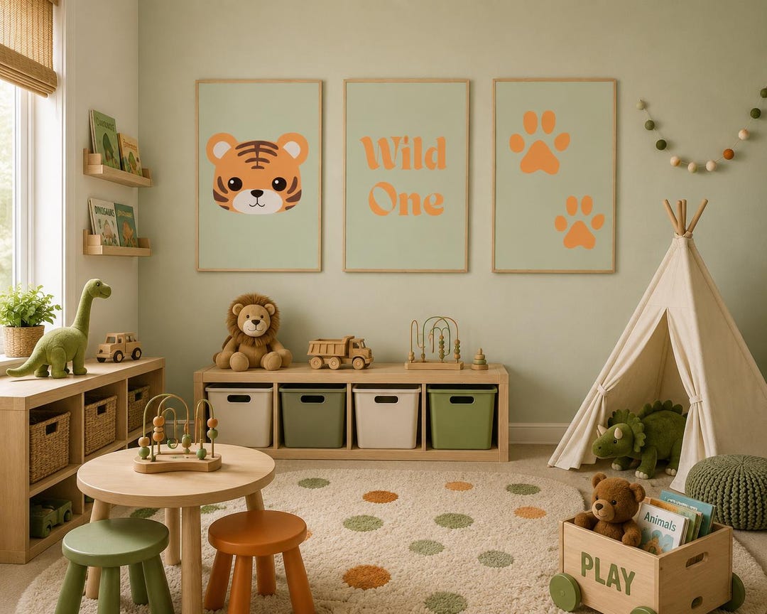 Boys Playroom Wall Art Set | Wild One Tiger Safari Prints (digital ...