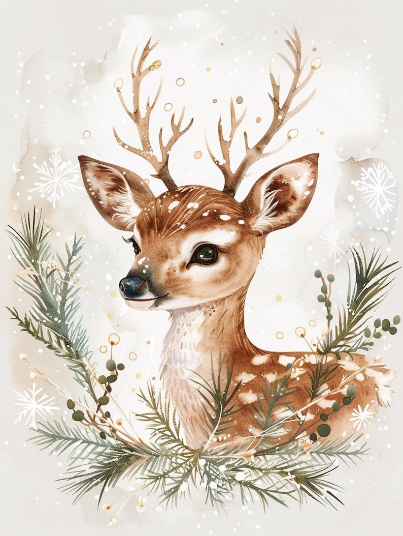 Christmas Reindeer Nursery Wall Art Set Vintage Watercolor Deer Prints ...