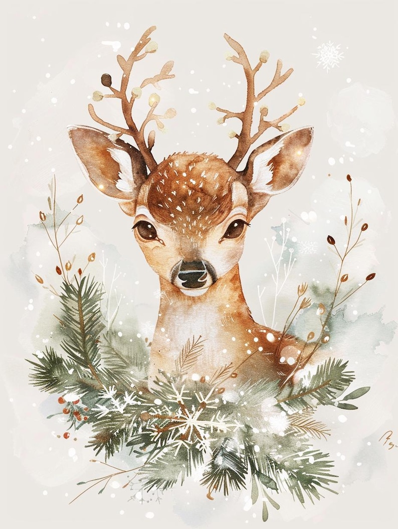 Christmas Reindeer Nursery Wall Art Set Vintage Watercolor Deer Prints ...