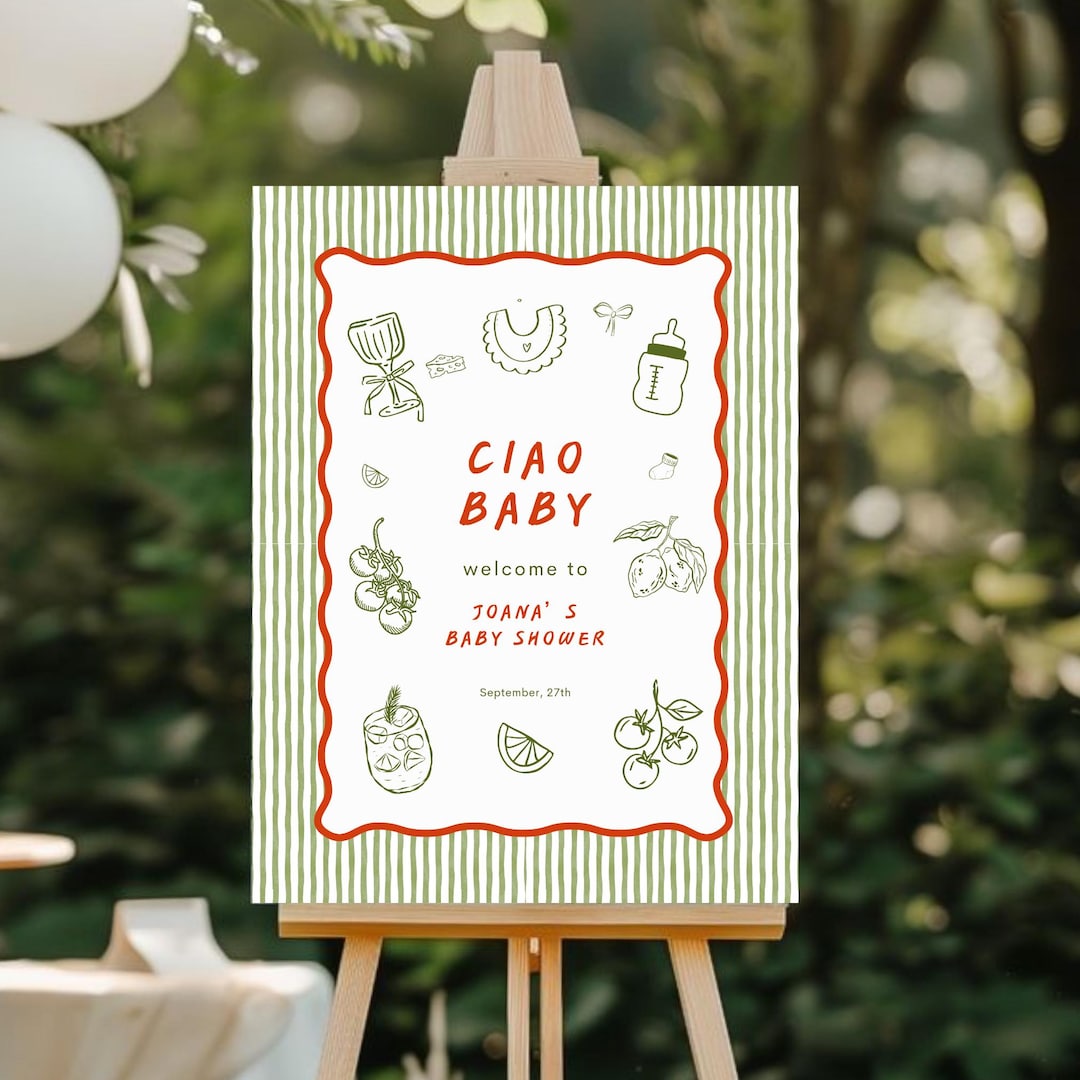 Ciao Bambino Baby Shower Welcome Sign, Hand Drawn Italian Themed, Green ...