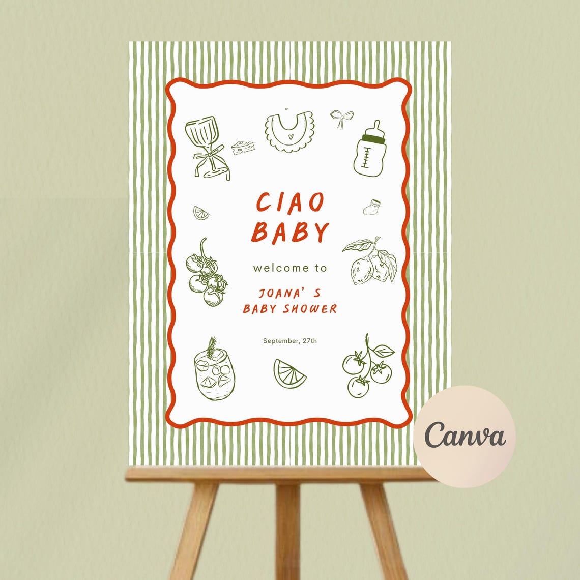 Ciao Bambino Baby Shower Welcome Sign, Hand Drawn Italian Themed, Green ...