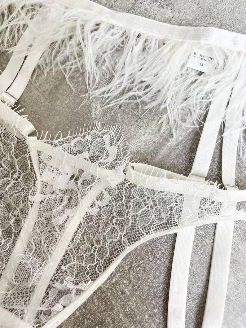 Bridal White Lace Lingerie Set With Feathers, Wedding Night Lingerie ...