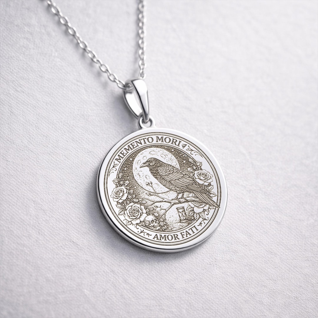 Memento Mori Amor Fati Raven Pendant Necklace, Gothic Medallion, 20mm ...