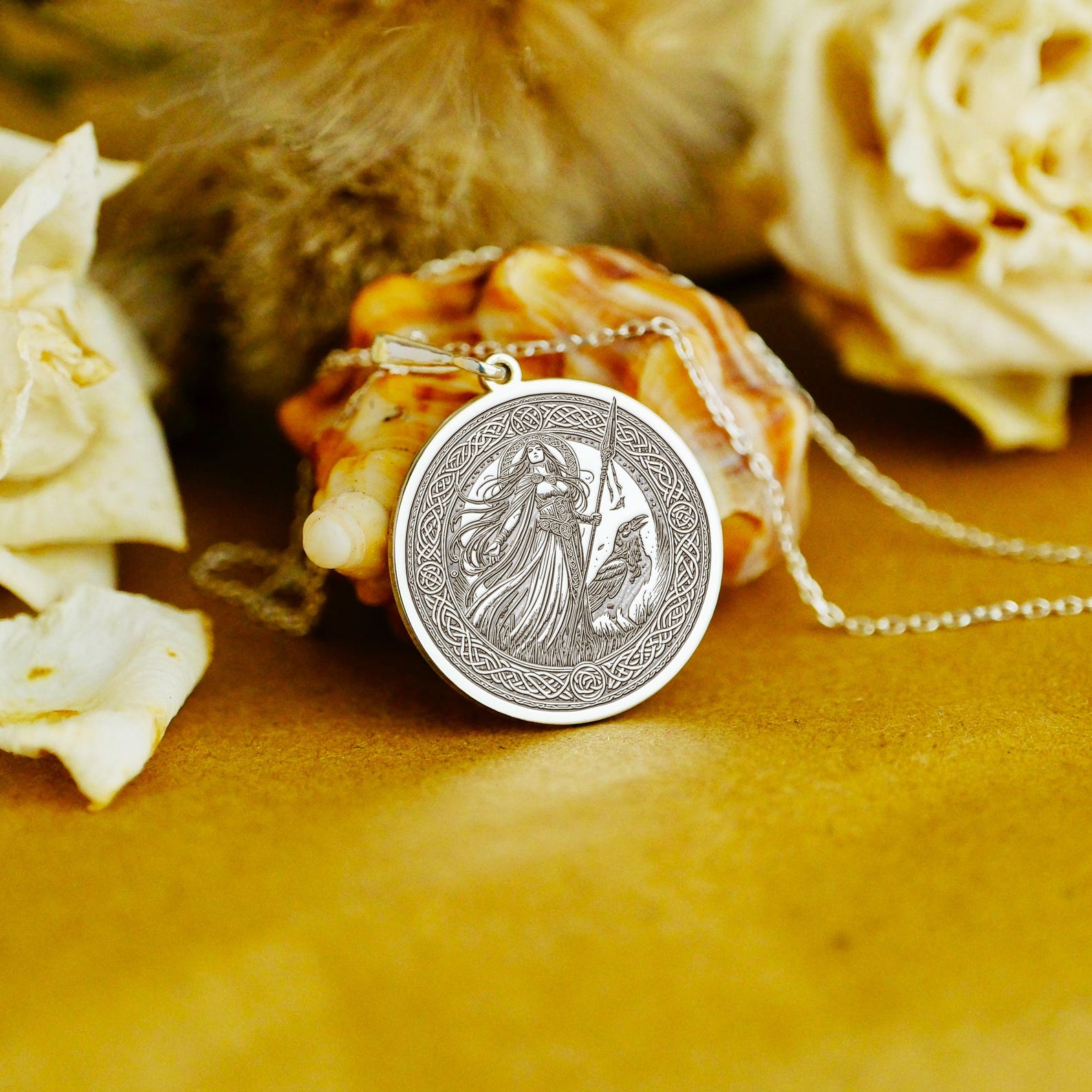 14K Solid Gold Morrigan Raven Pendant Necklace – Celtic Goddess ...