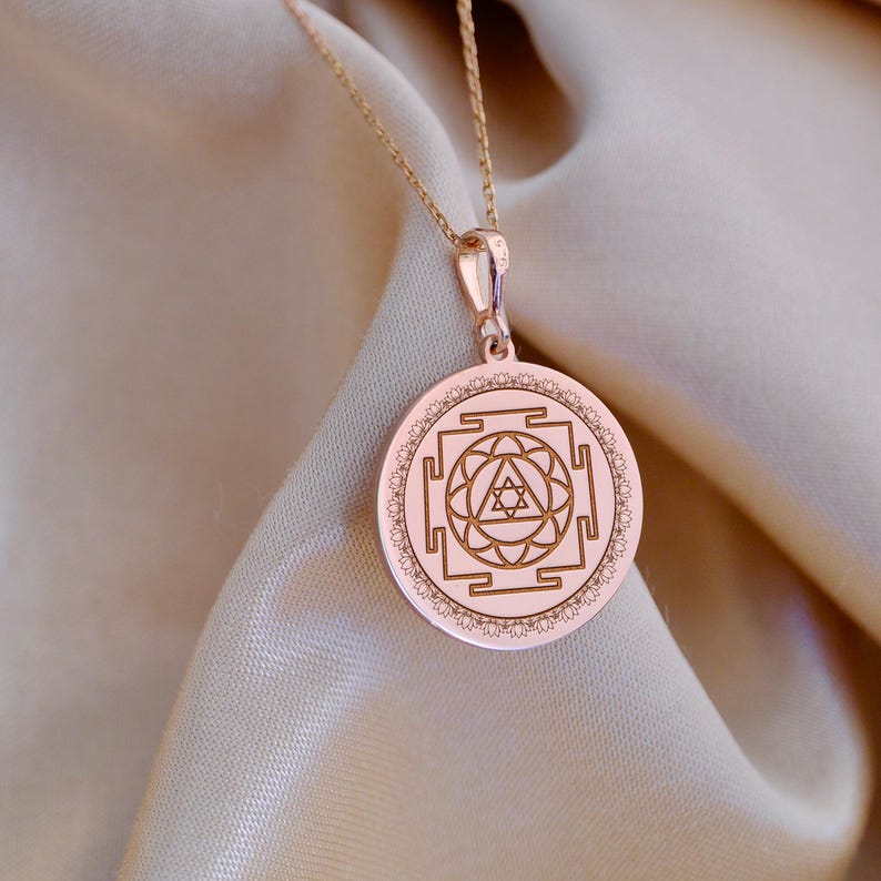 14K Solid Gold - Ganesha Yantra Necklace - Hindu Amulet for Wisdom and ...