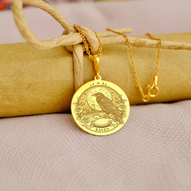 14K Solid Gold - Gothic Raven Moon Pendant, Pagan Spirit Animal Jewelry ...