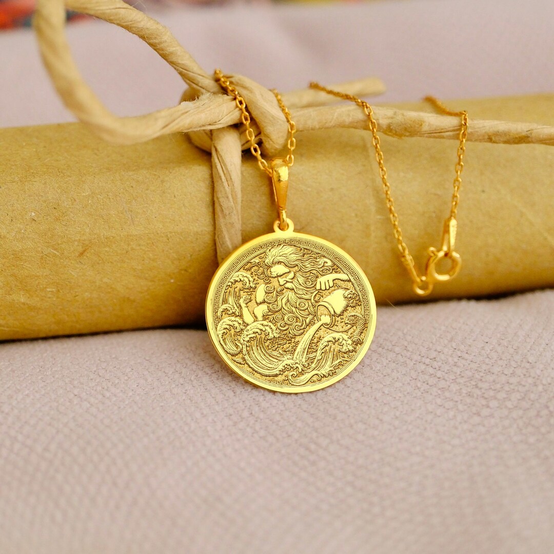 14K Gold Oceanus Medallion Necklace: Greek Sea God Pendant, Custom ...