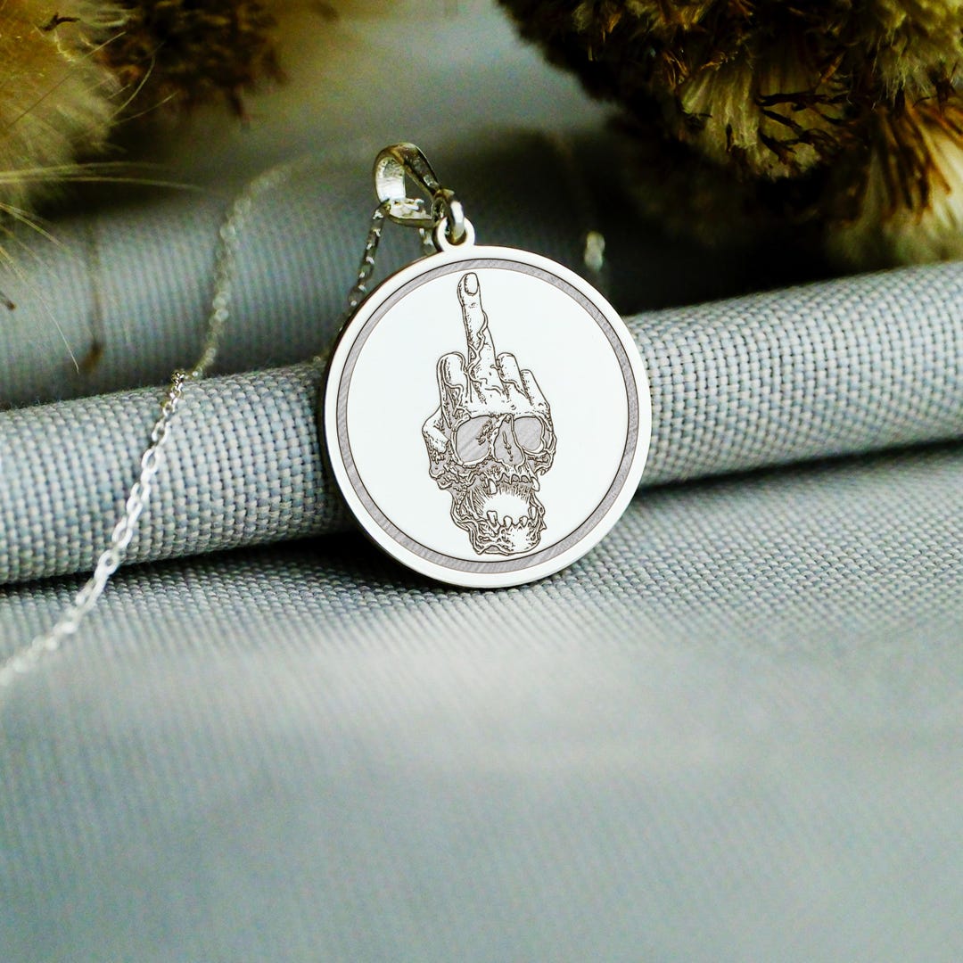 14K Solid Gold - Skull Necklace: Gothic Punk Middle Finger - Edgy Rebel ...