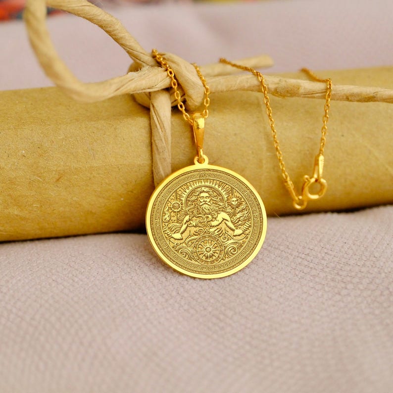 Gold Hyperion Medallion Necklace, Greek Sun God Pendant, Engraved ...