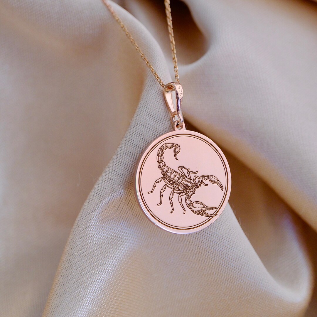14K Solid Gold - Scorpio Necklace: Engraved Zodiac Medallion - Gold ...