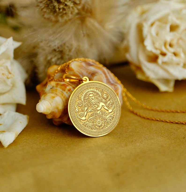Gold Hyperion Medallion Necklace, Greek Sun God Pendant, Engraved ...
