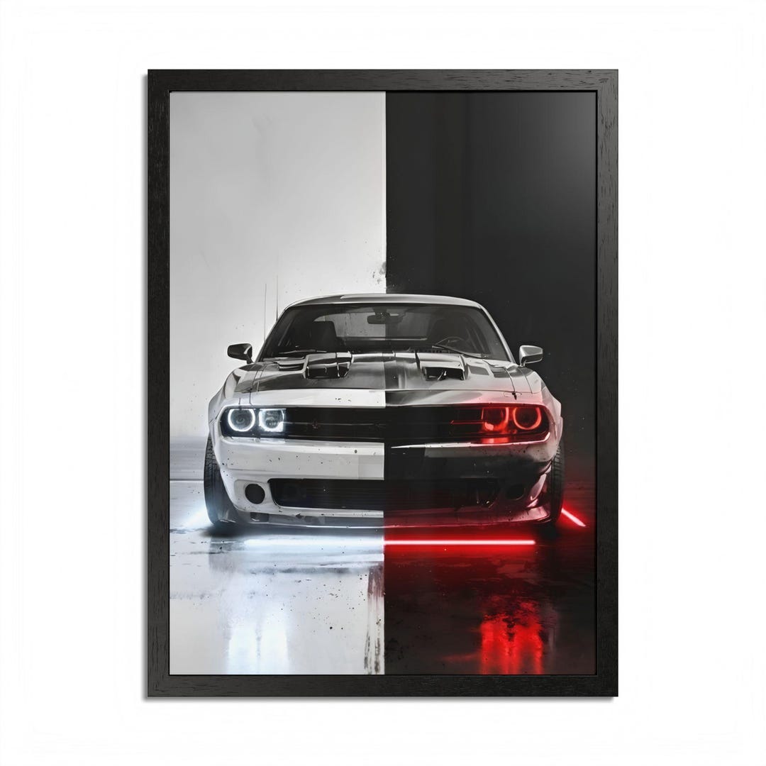Split Black and White Muscle Car Poster, Neon Headlights, Framed ...