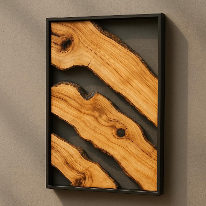 Handmade Natural Wood Wall Art With Live Edge Design in Black Frame ...