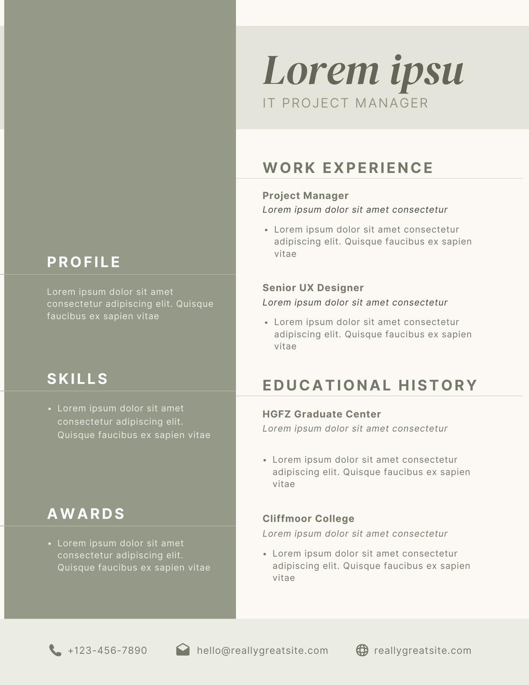 Olive Green Professional Resume Template - Etsy