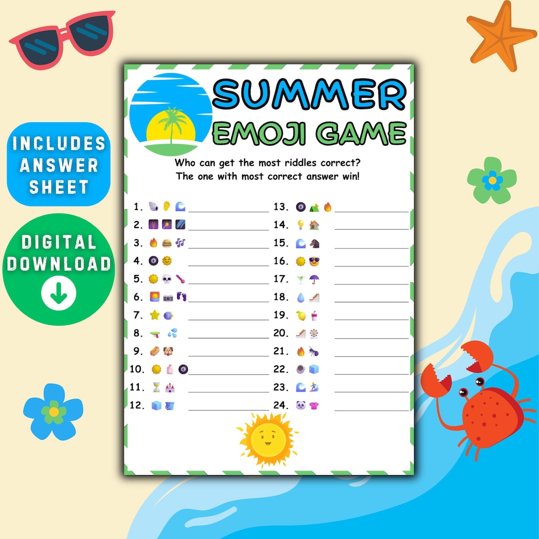 Printable Summer Emoji Pictionary, Party Games, Emoji Trivia, Summer ...