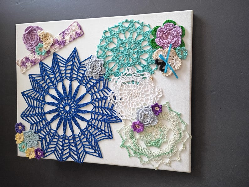 Blue Themed Wall Decor, Crocheted Lace on Canvas. 11x17 - Etsy