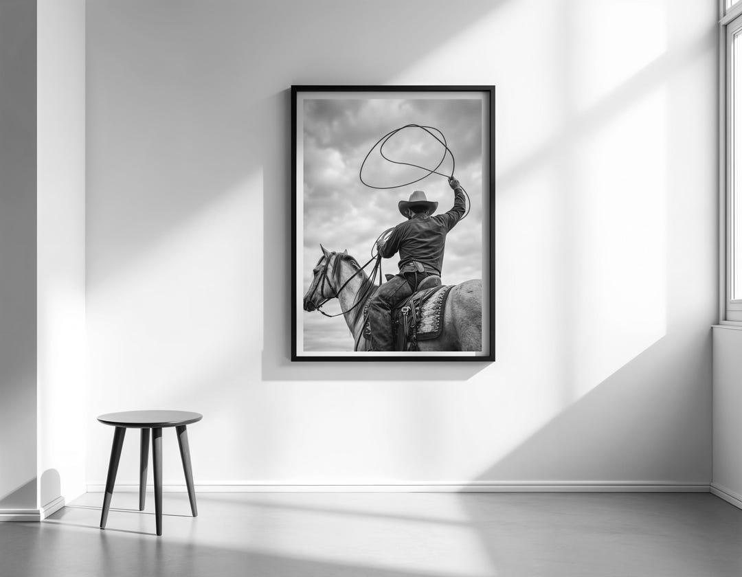 Black and White Cowboy Lasso Art Print, Modern Western Ranch Decor ...
