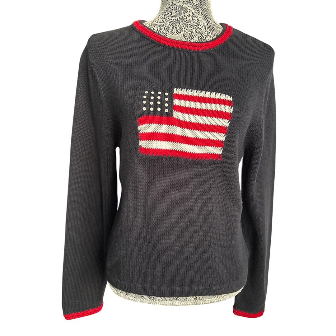 Vintage Casual Corner Navy Blue American Flag Cotton Knit Sequin Crew ...