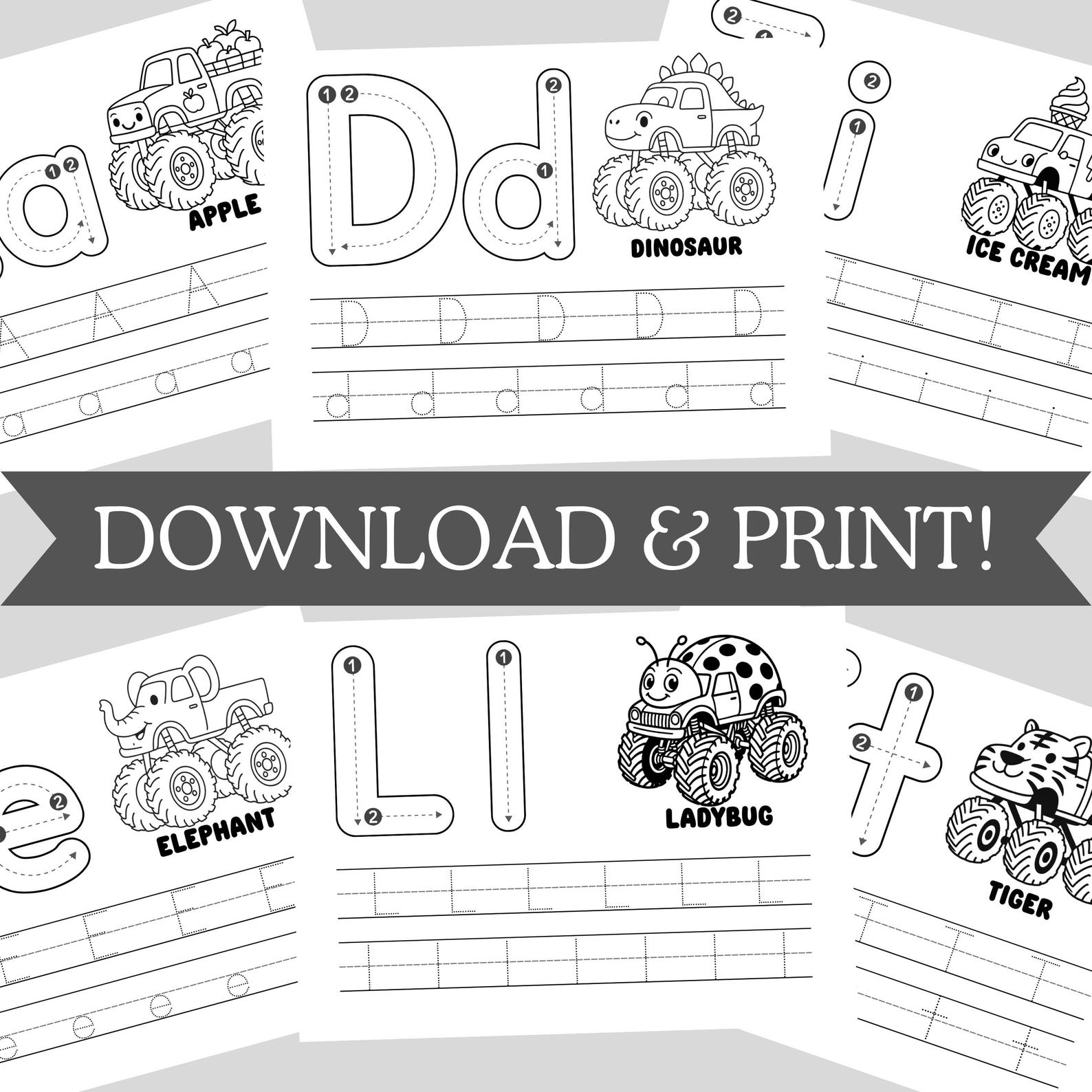 Printable Monster Truck Alphabet Worksheets ABC Tracing Coloring Pages ...
