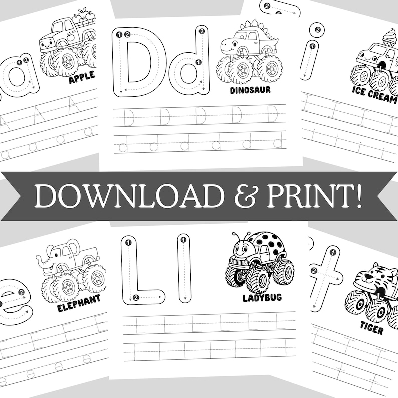 Printable Monster Truck Alphabet Worksheets ABC Tracing Coloring Pages ...