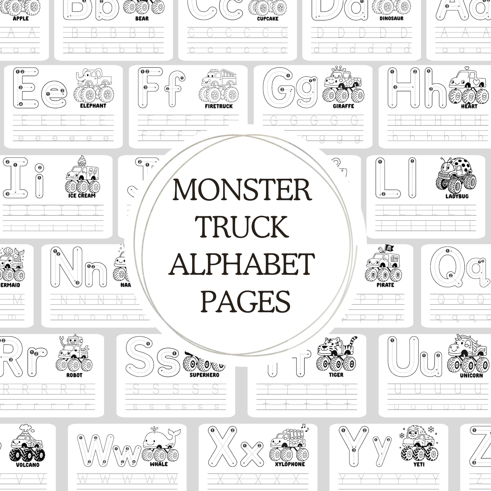 Printable Monster Truck Alphabet Worksheets ABC Tracing Coloring Pages ...