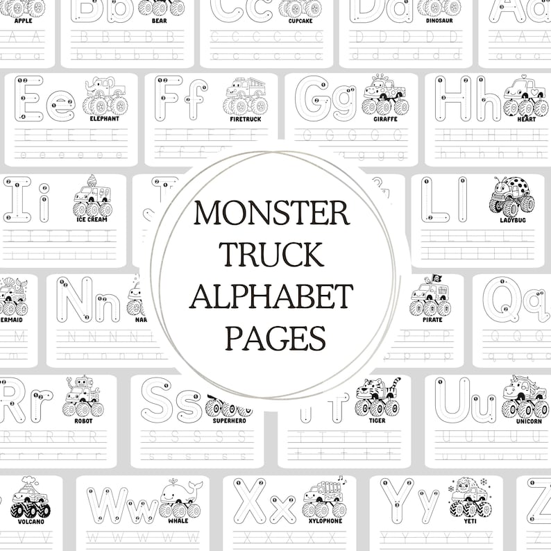 Printable Monster Truck Alphabet Worksheets ABC Tracing Coloring Pages ...