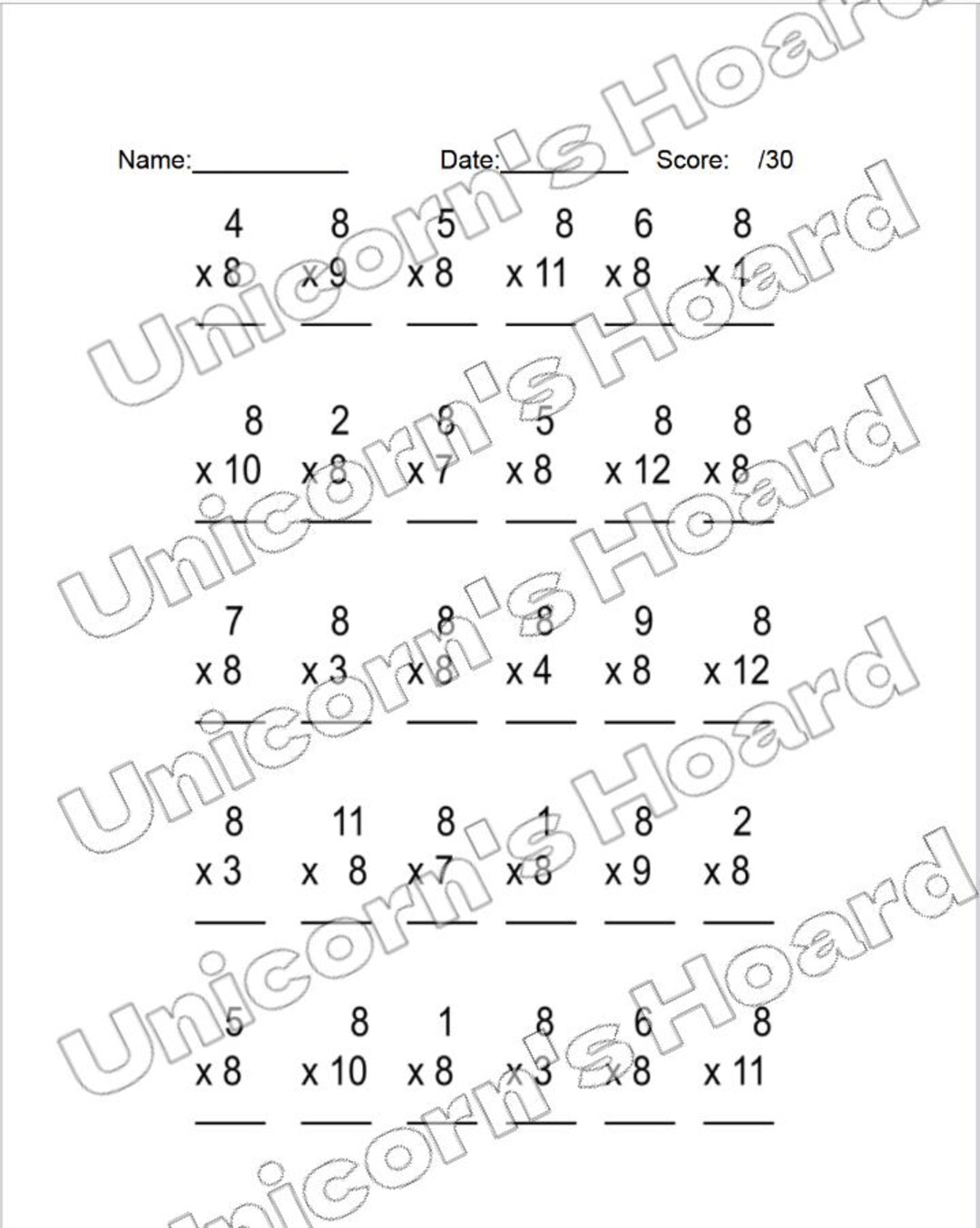 Simple Multiplication Practice: Eights (30) - Etsy