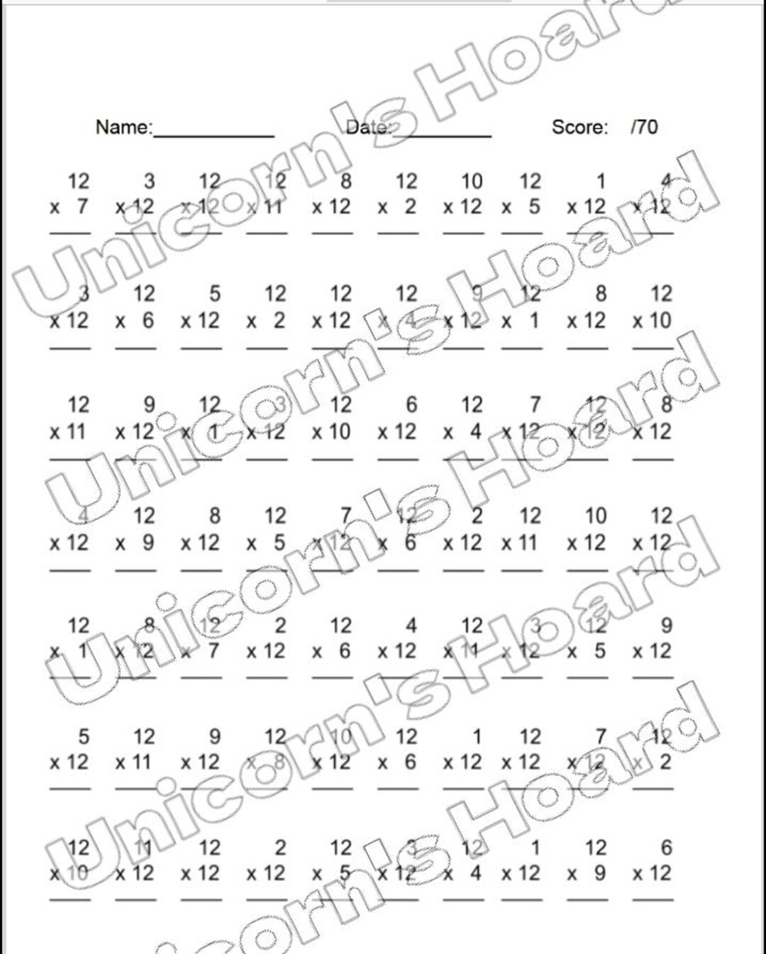 Simple Multiplication Practice: Twelves (70) - Etsy