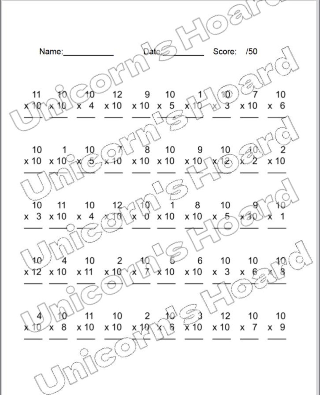 Simple Multiplication Practice: Tens (50) - Etsy
