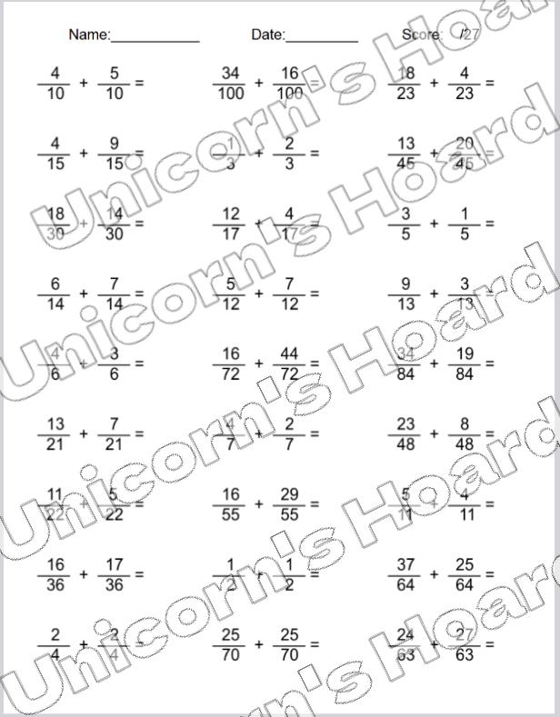 Simple Fraction Addition Printable Worksheets - Etsy