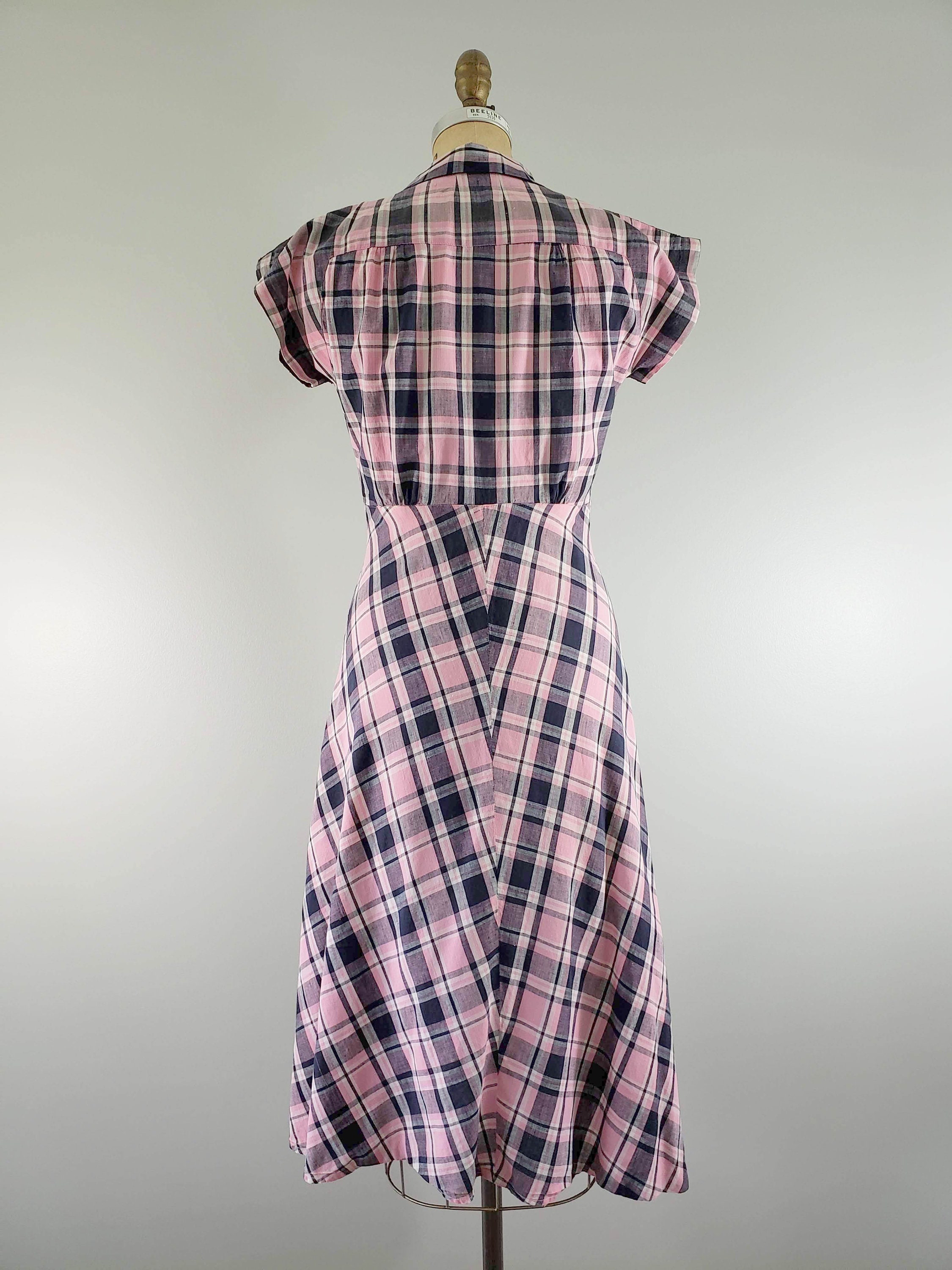 Vintage 1940s Dress / 40s Cotton Day Dress / Pink Plaid / XS | Etsy