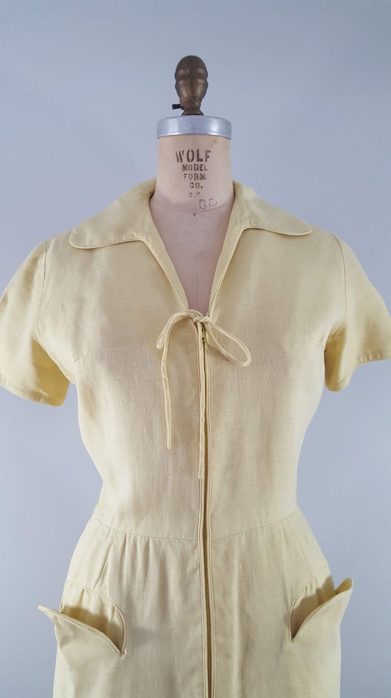 Vintage 1950s Pat Premo Dress Yellow Linen Small Gem