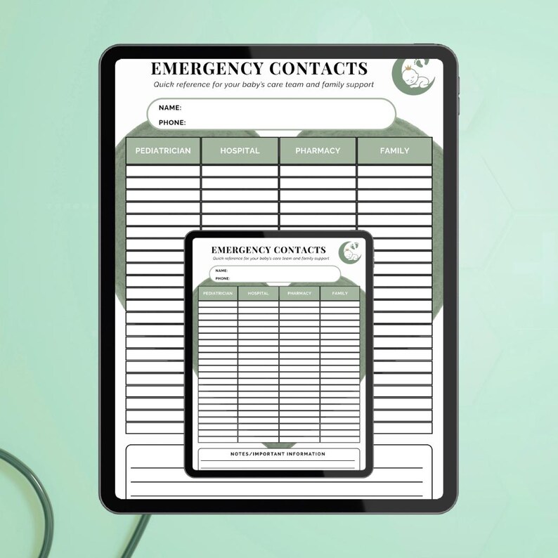 Emergency Contact Sheet Printable | Baby Safety Info Sheet | NICU ...