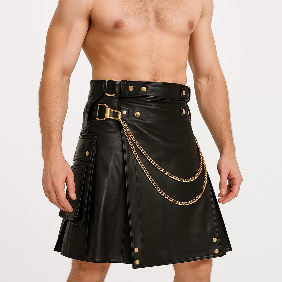 Handmade Black Leather Utility Kilt: Gothic Punk Style With Gold Chain ...