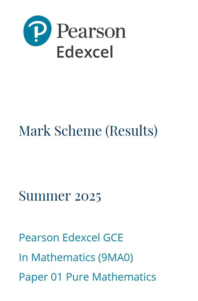 Edexcel A-level Mathematics Paper 1 Mark Scheme 2025 - Etsy