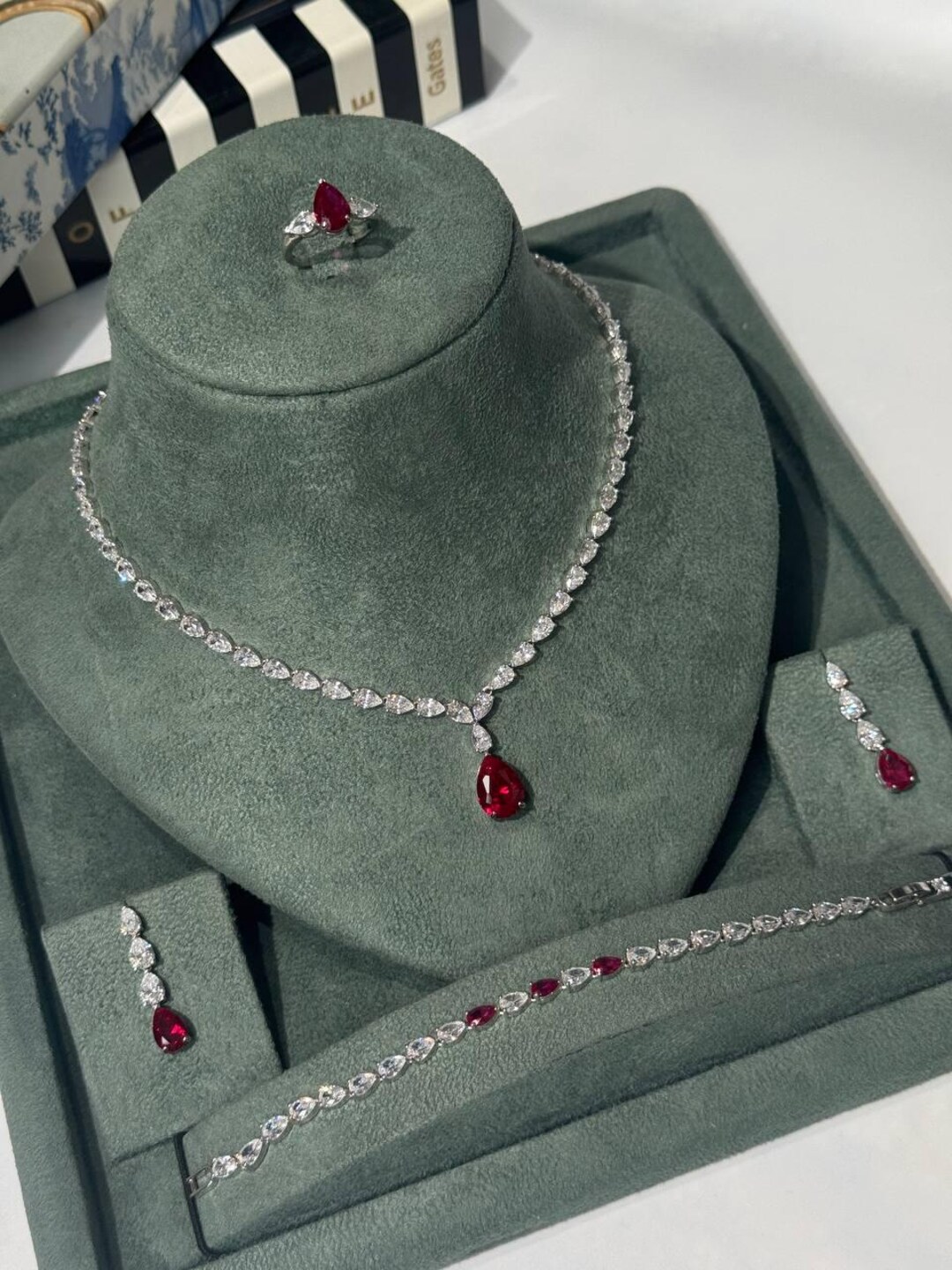 Royal Ruby Teardrop Swarovski Zirconia Jewelry Set – Handmade 4-piece ...