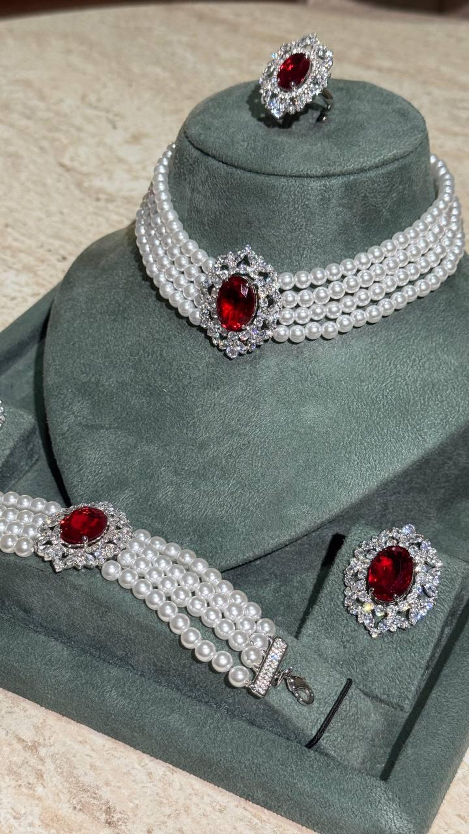 Red Stone Pearl Jewelry Set – Choker Necklace, Bracelet, Earrings ...