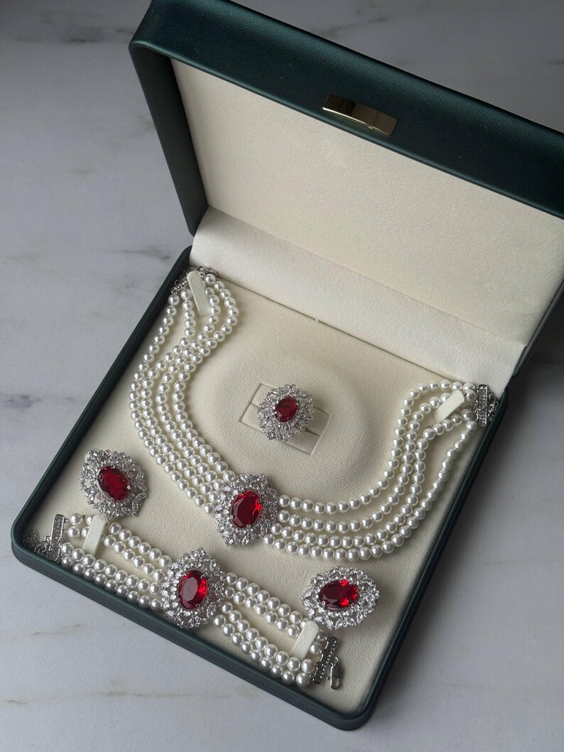 Red Stone Pearl Jewelry Set – Choker Necklace, Bracelet, Earrings ...