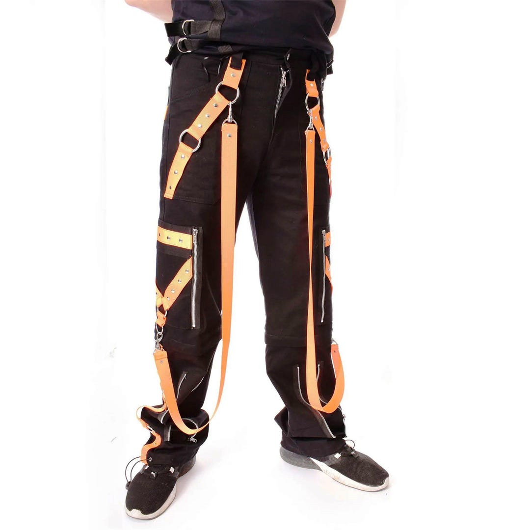 Cyberpunk Techwear Pants: Black & Orange Straps, D-rings - Mikawim ...