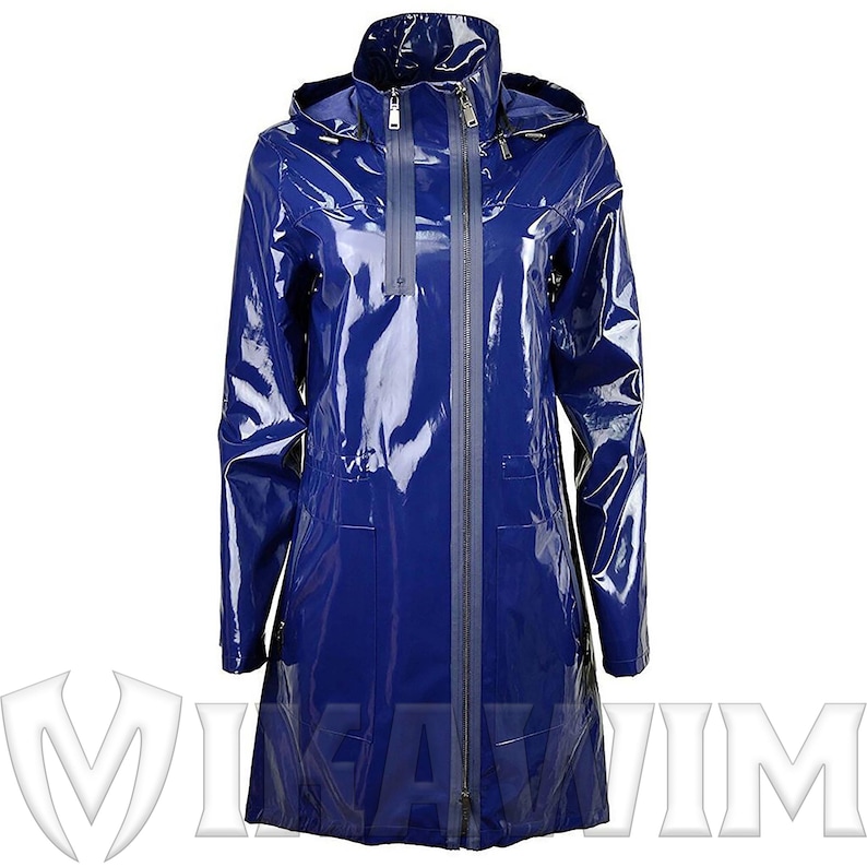 Blue Glossy Vinyl Raincoat: Hooded Waterproof Outerwear - Etsy