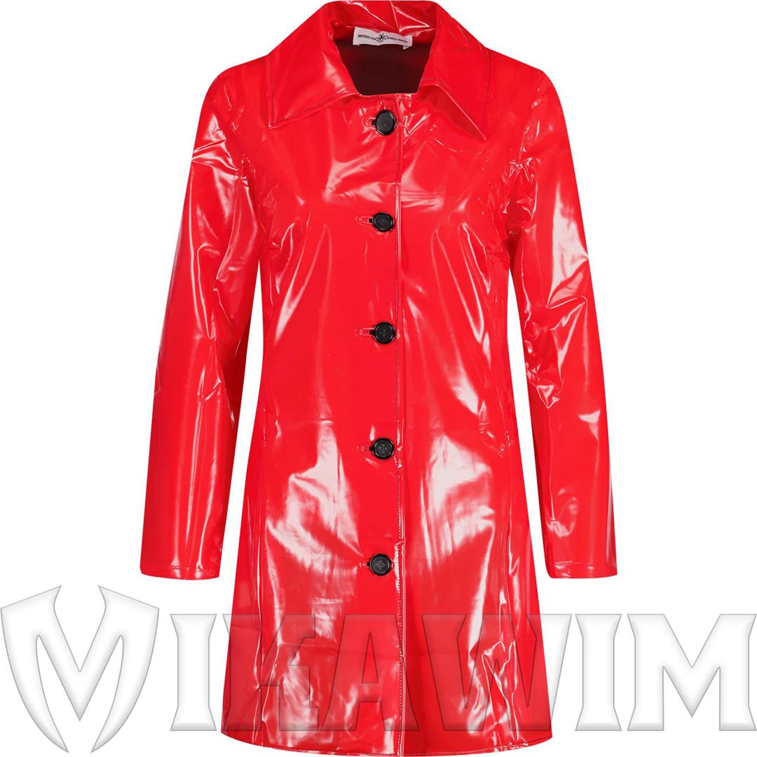 Womens Red Shiny Patent Vinyl Raincoat Mod Duster Coat Long Sleeve ...