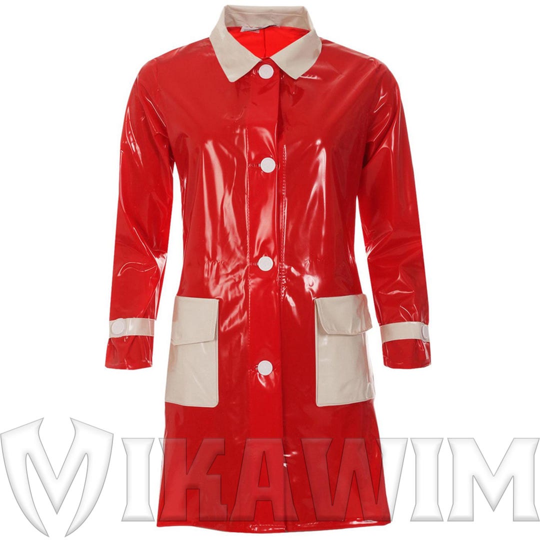 Womens Red White Tone Shiny PVC Raincoat Mod Duster Coat Patent Vinyl ...