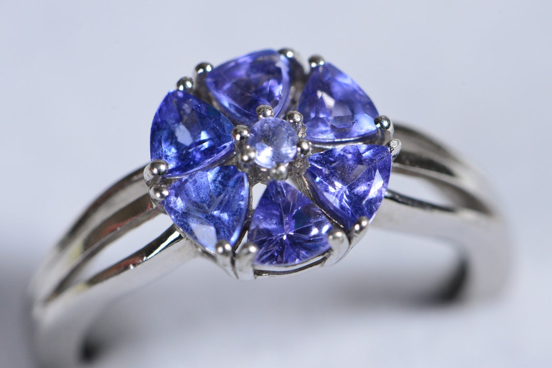 Tanzanite Flower Ring Trillion Cut Cluster Floral Sterling Silver Ring ...
