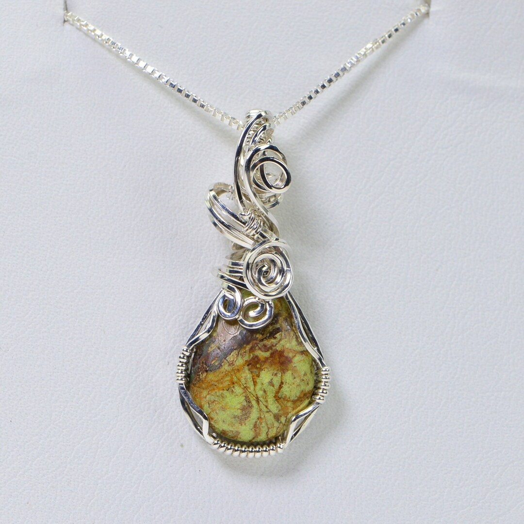 Rare Natural Australian Gaspeite Necklace Pendant Wire Wrapped Sterling ...
