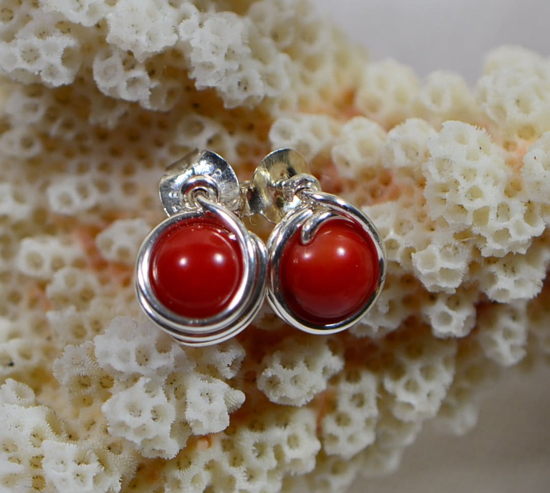 Red Coral Stud Earrings Natural Stone Earrings - Etsy