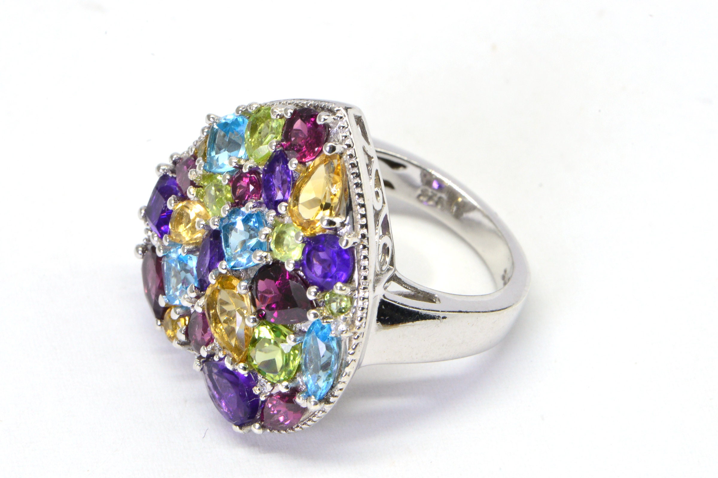 Wide Multi Stone Cluster Ring Sterling Silver Heart Style Ring | Etsy