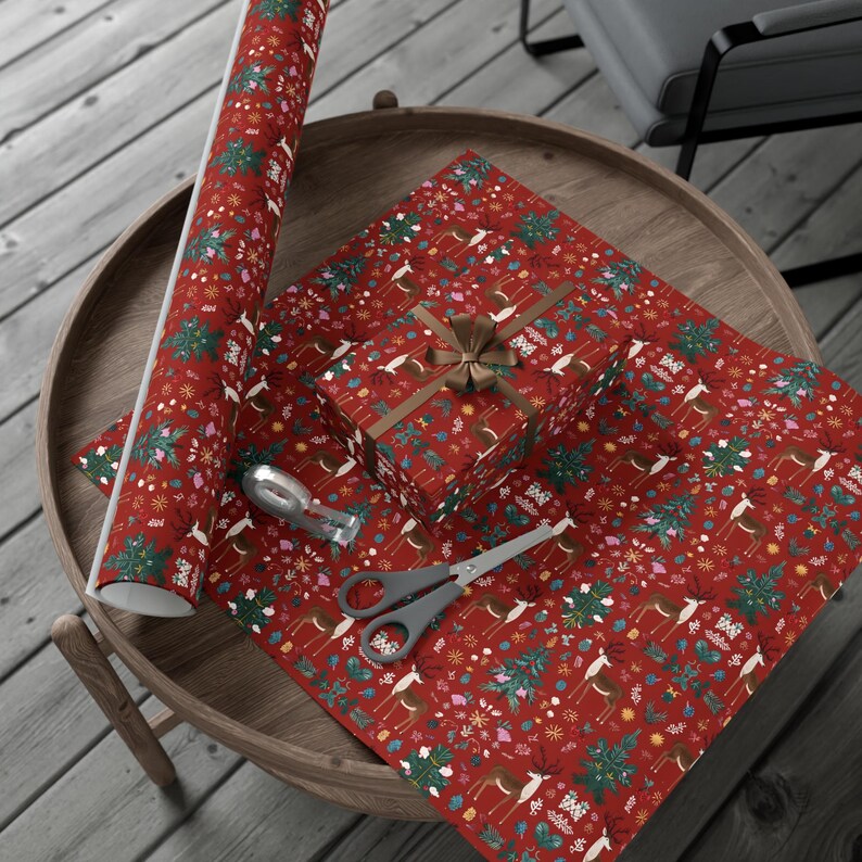 Reindeer Christmas Wrapping Paper, Red Holiday Gift Wrap, Whimsical ...