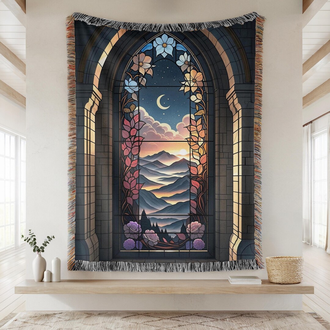 Stained Glass Window Fantasy Tapestry, Gothic Medieval Decor, Floral ...