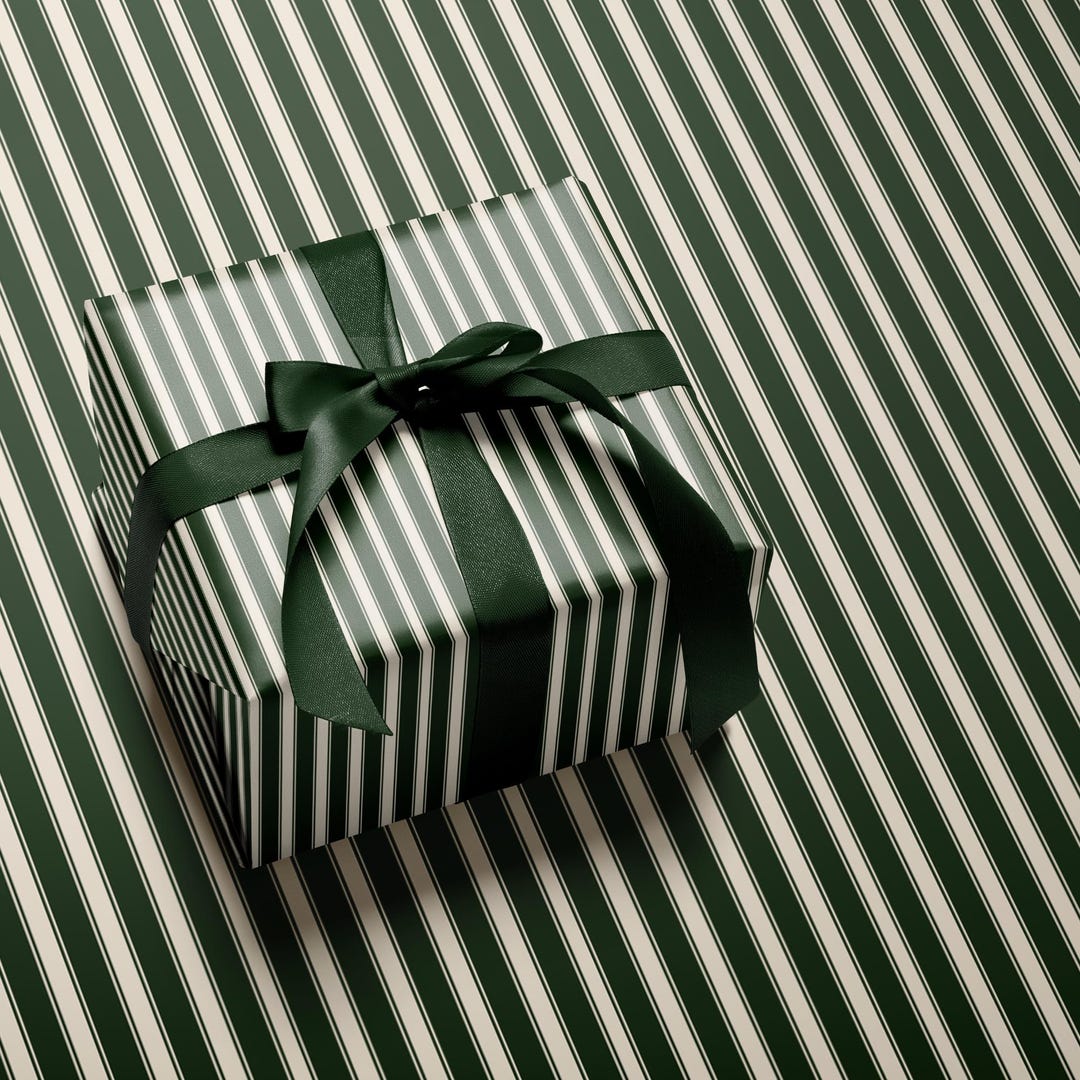 Forest Green Striped Gift Wrap, Vintage Christmas Wrapping Paper ...
